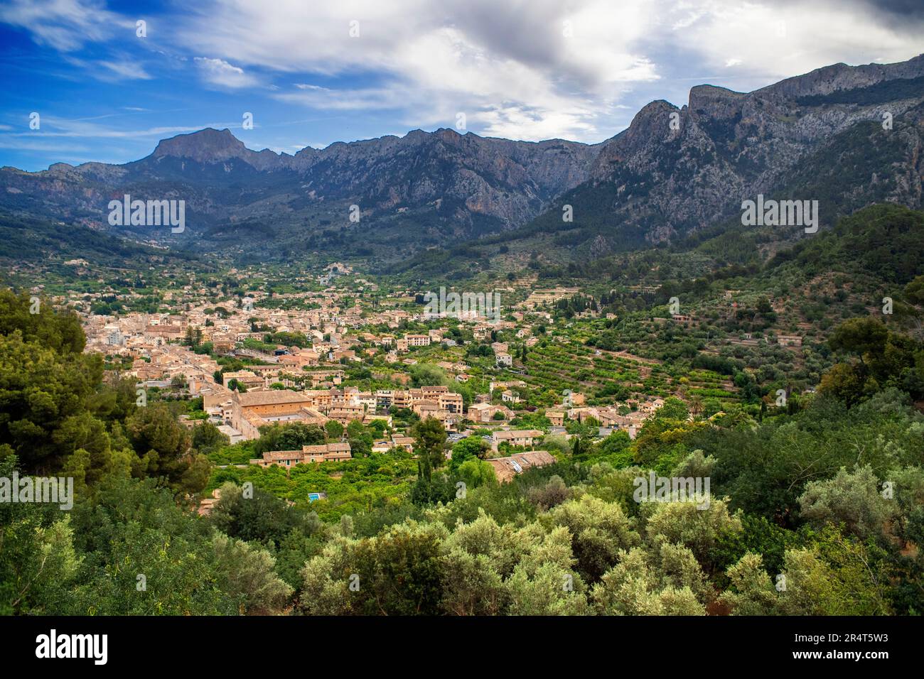 Soller village. Landscape from the window of tren de Soller train ...