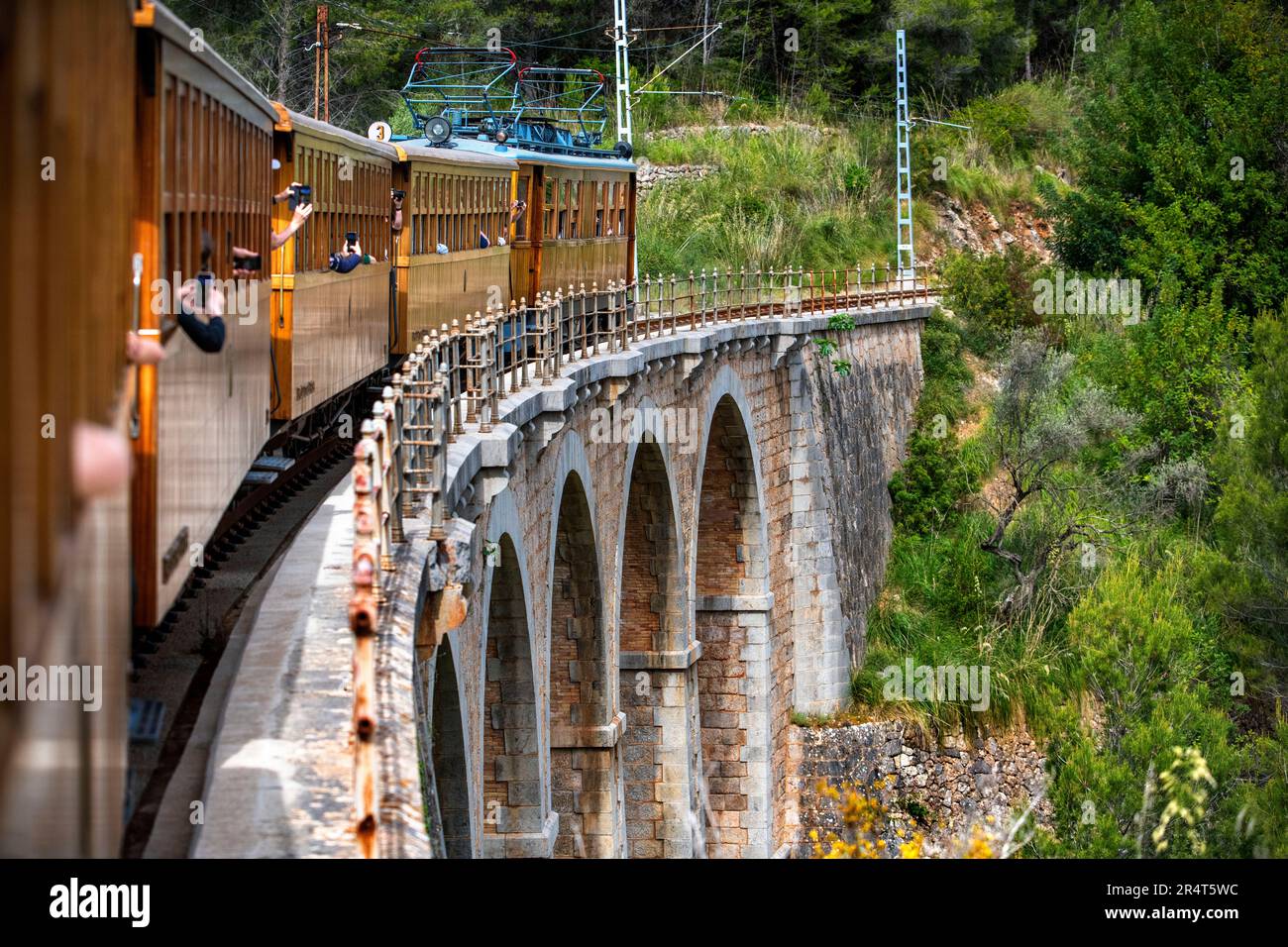 Crossing the viaduct Cinc-Ponts in the tren de Soller train vintage ...