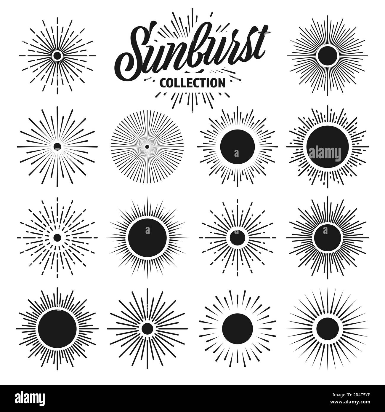 Vintage sunburst, sunset beams collection. Hand drawn bursting sun ...