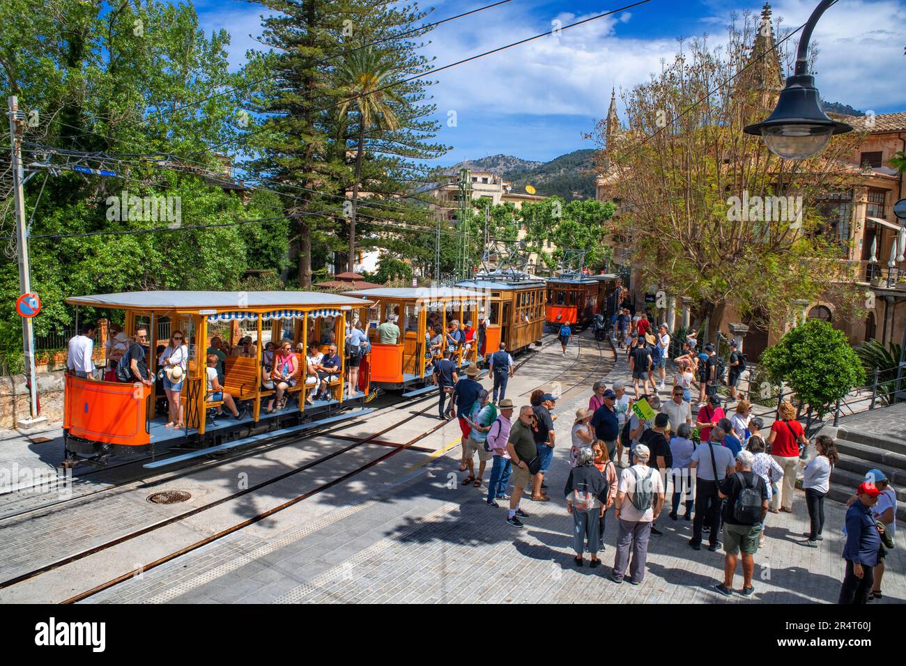 Soller train station. Vintage tram at the railway station in Soller ...