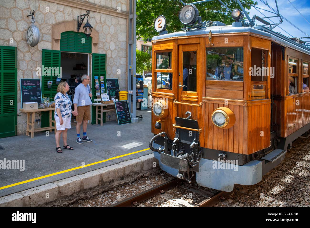 Buñola train station. Tren de Soller train vintage historic train that ...