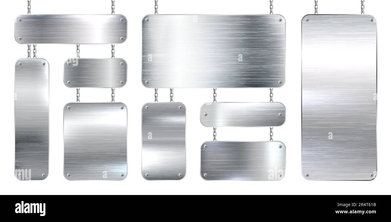 Metal banners hanging on a chain. Realistic shiny steel plate with ...