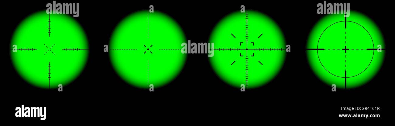 Various weapon night sights, sniper rifle optical scopes. Hunting gun ...