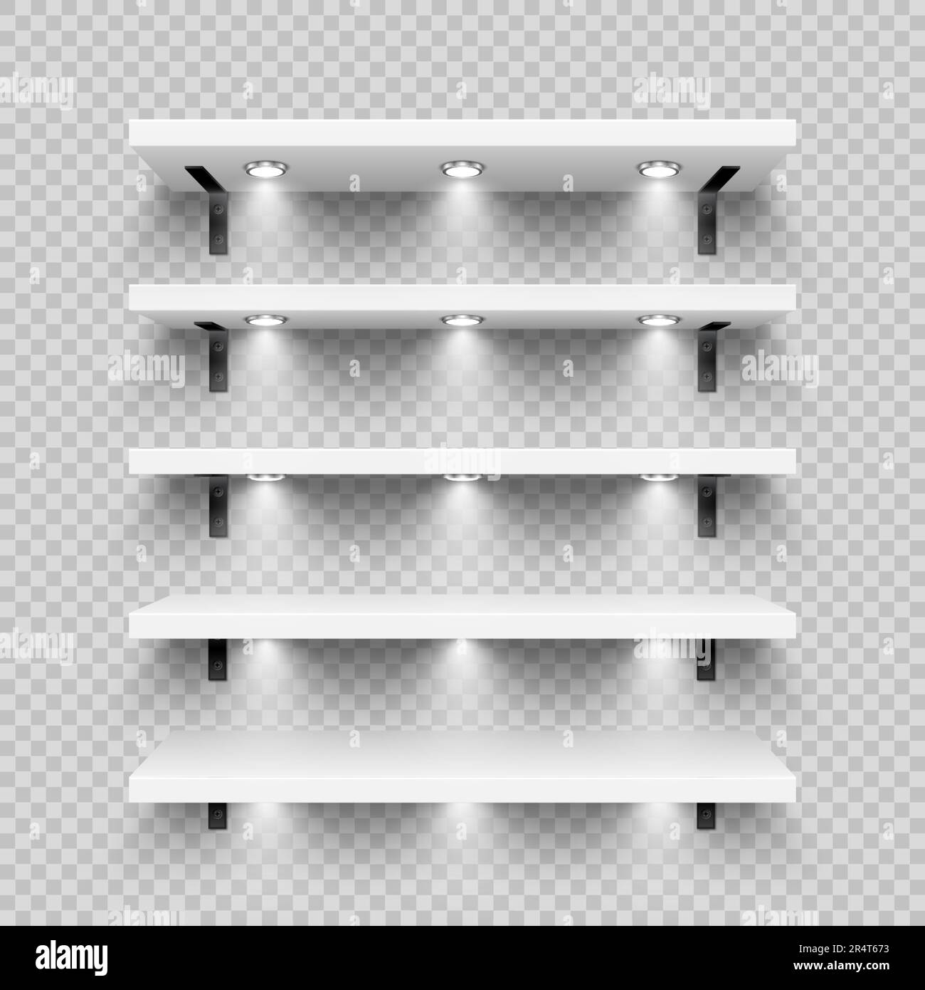 Realistic white store shelves with wall mount and lighting, spotlights ...