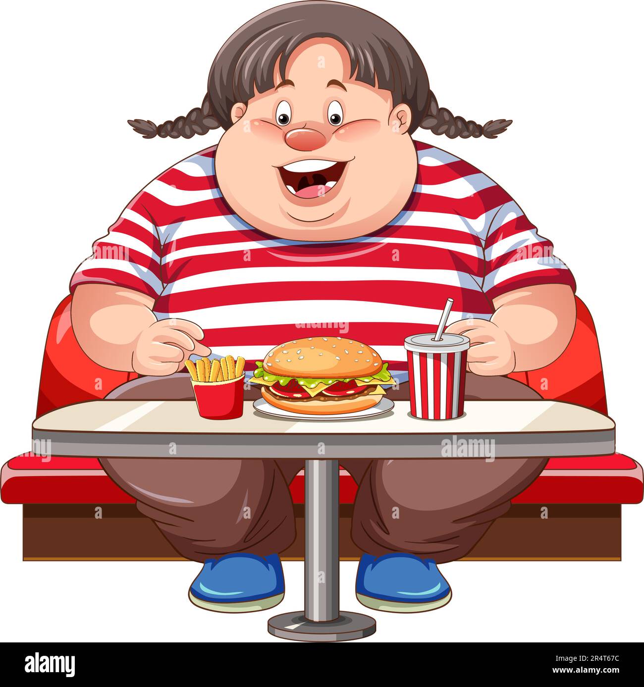 Overweight woman eating fast food on the table isolated illustration ...