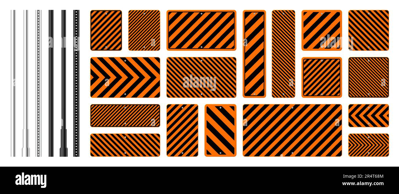 Warning, danger signs, attention banners with metal poles. Orange ...