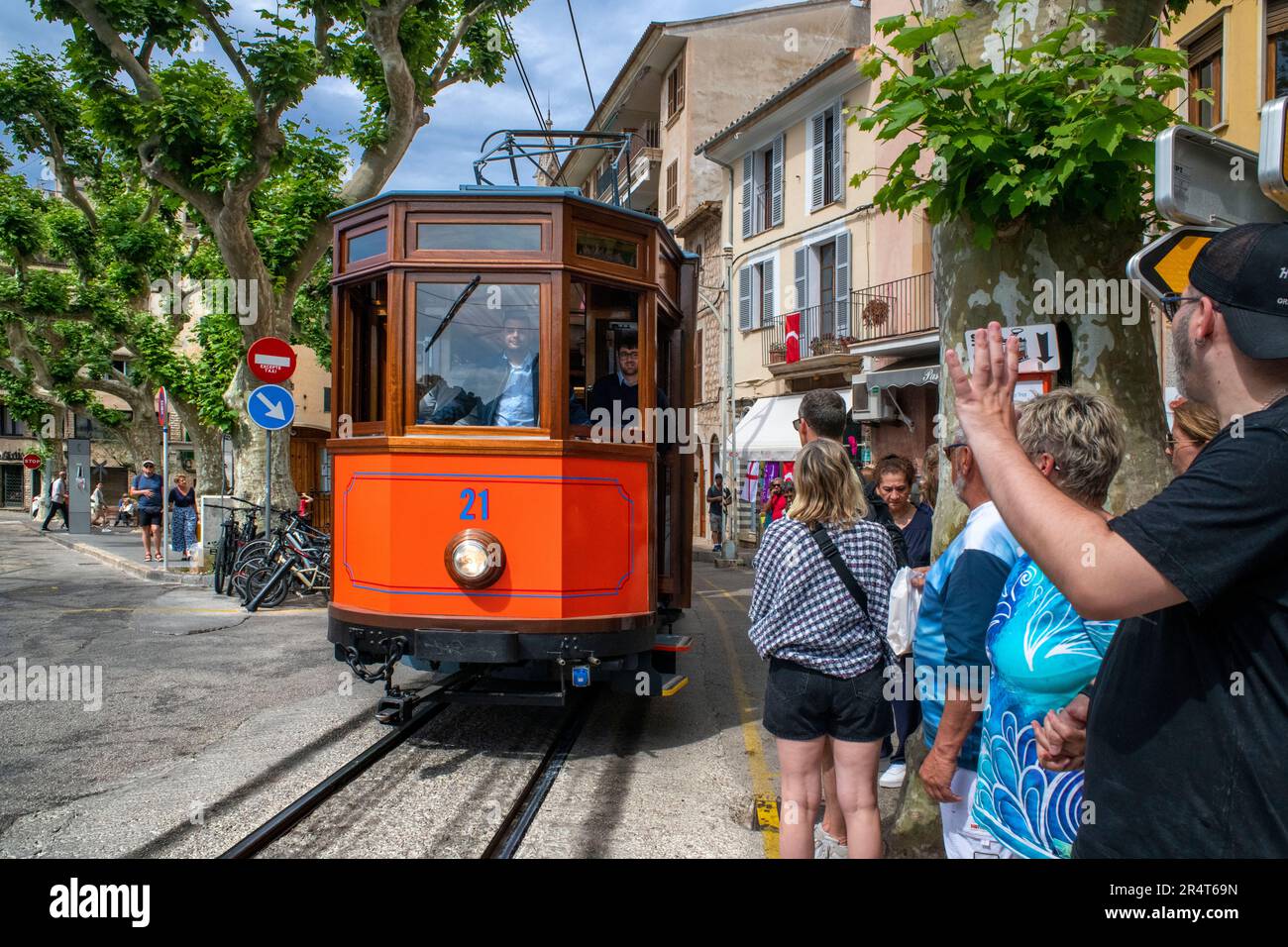 Soller village center. Vintage tram at the Soller village. The tram ...