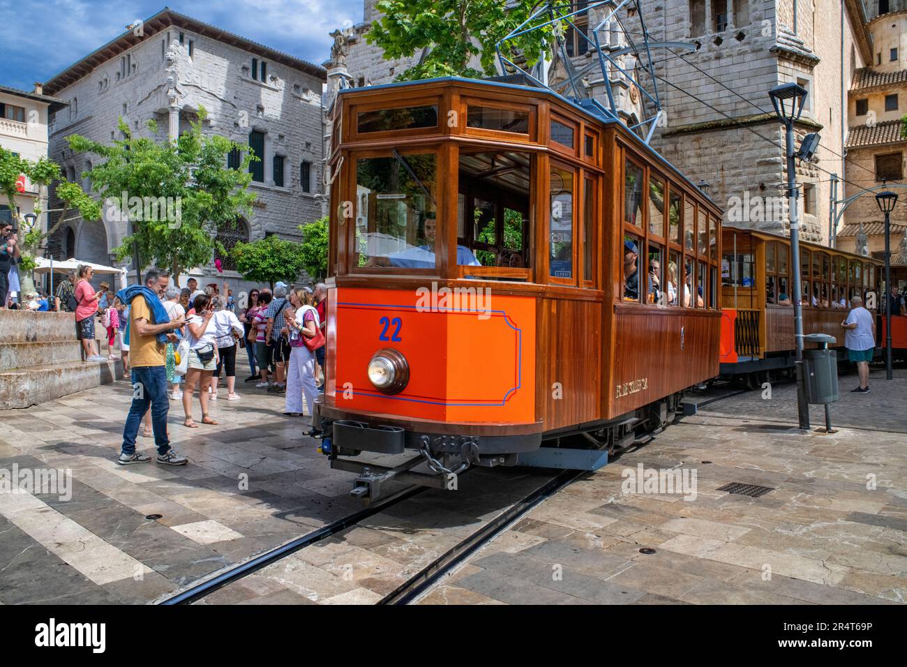 Soller village center. Vintage tram at the Soller village. The tram ...