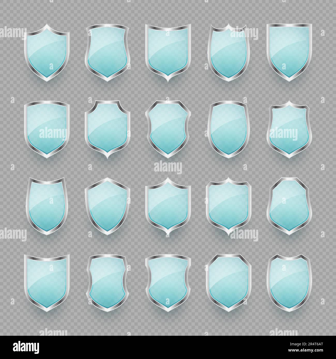 Set of vintage glass 3d shield icons. Blue heraldic shields. Black ...
