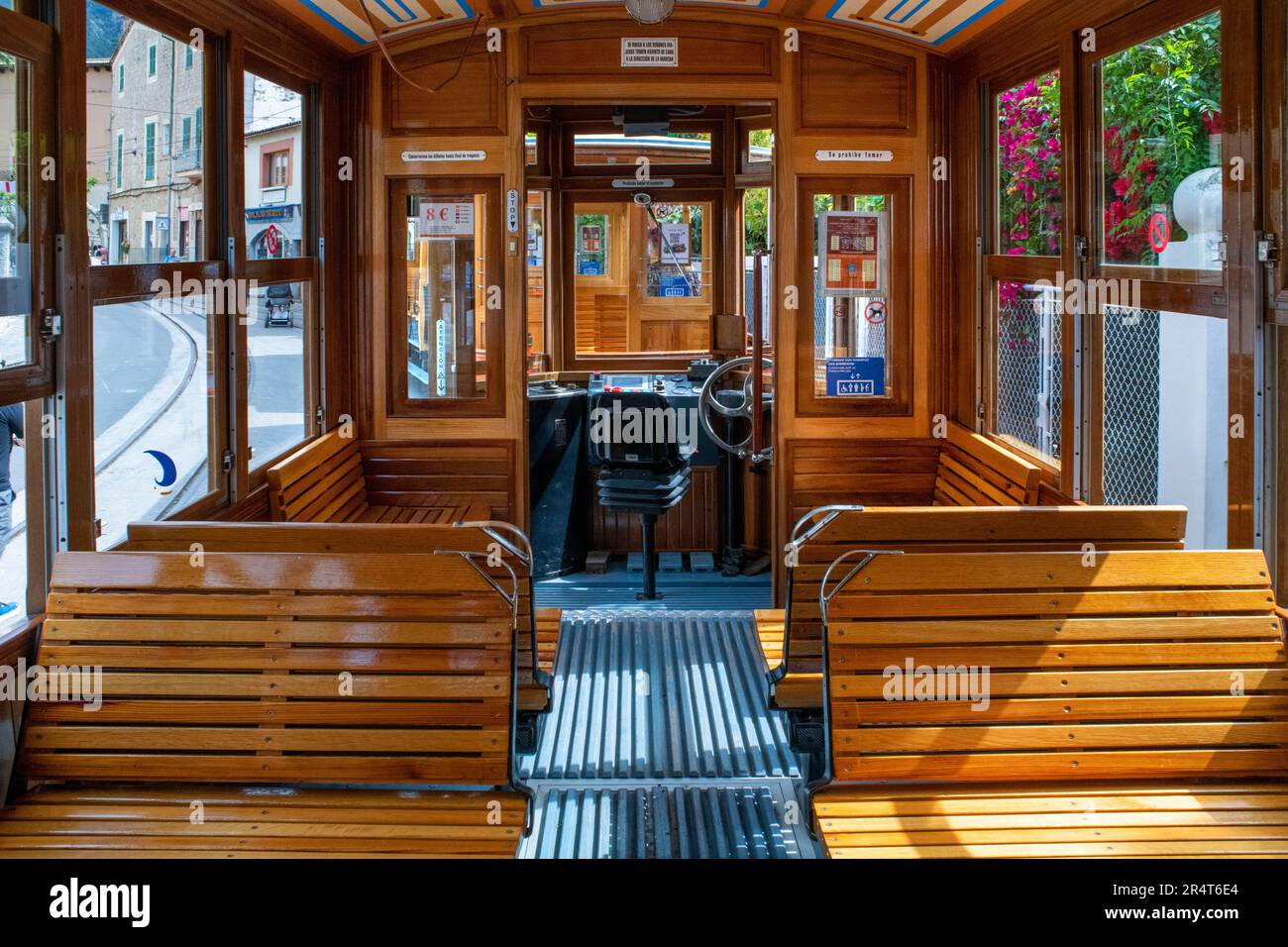 Seats inside of the vintage tram at the Soller village. The tram ...