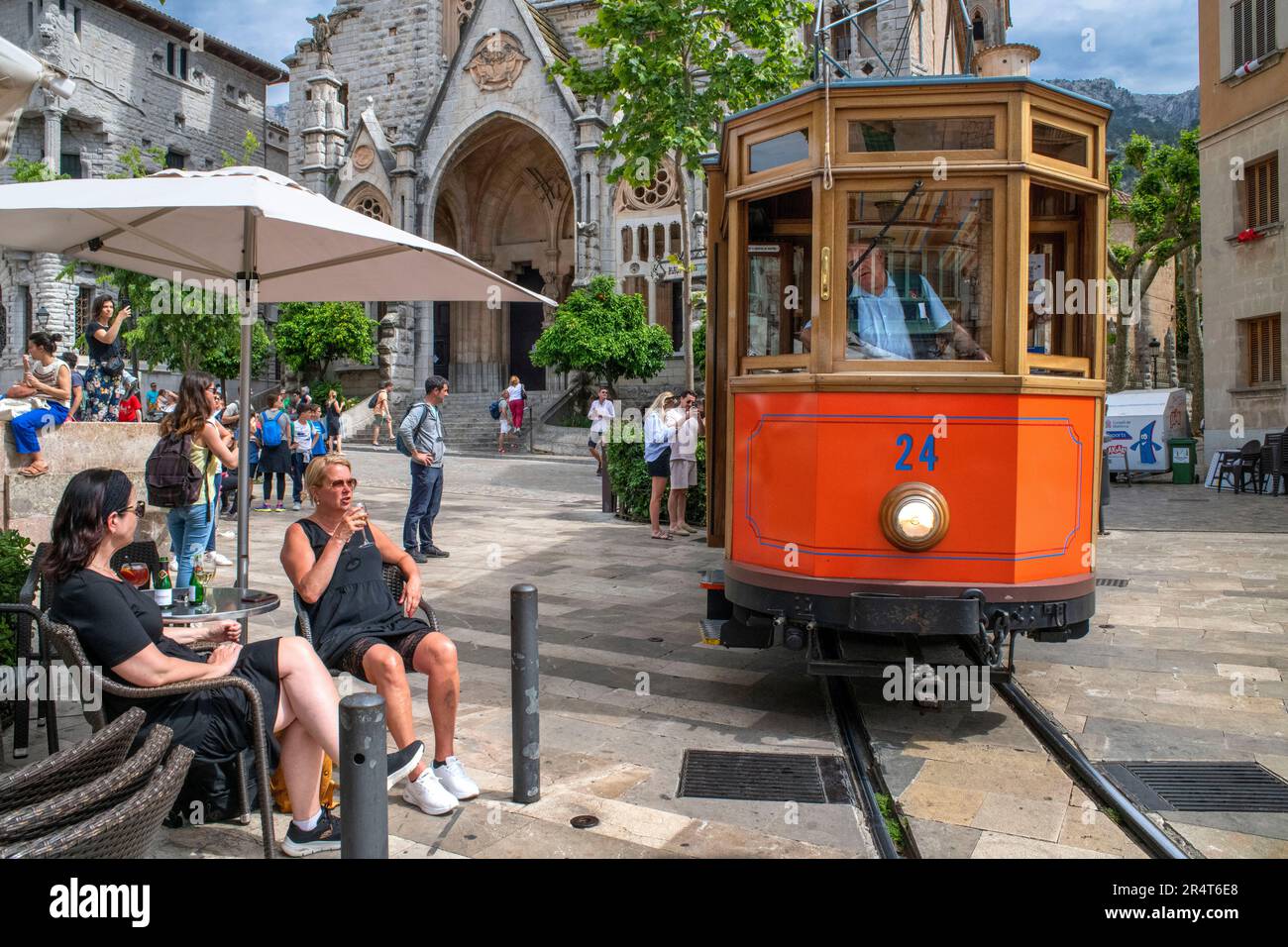 Soller village center. Vintage tram at the Soller village. The tram ...