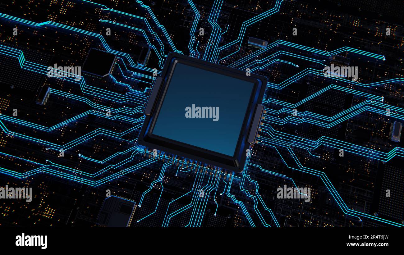 Computer chip processor on motherboard glows blue. Artificial ...