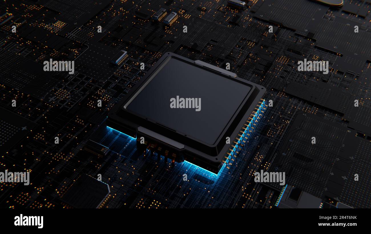 Computer chip processor on motherboard glows blue. Artificial ...