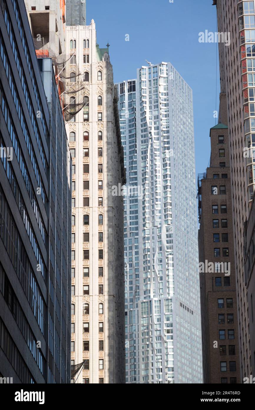 US, New York, view towards the skyscraper known as 8 Spruce Street ...