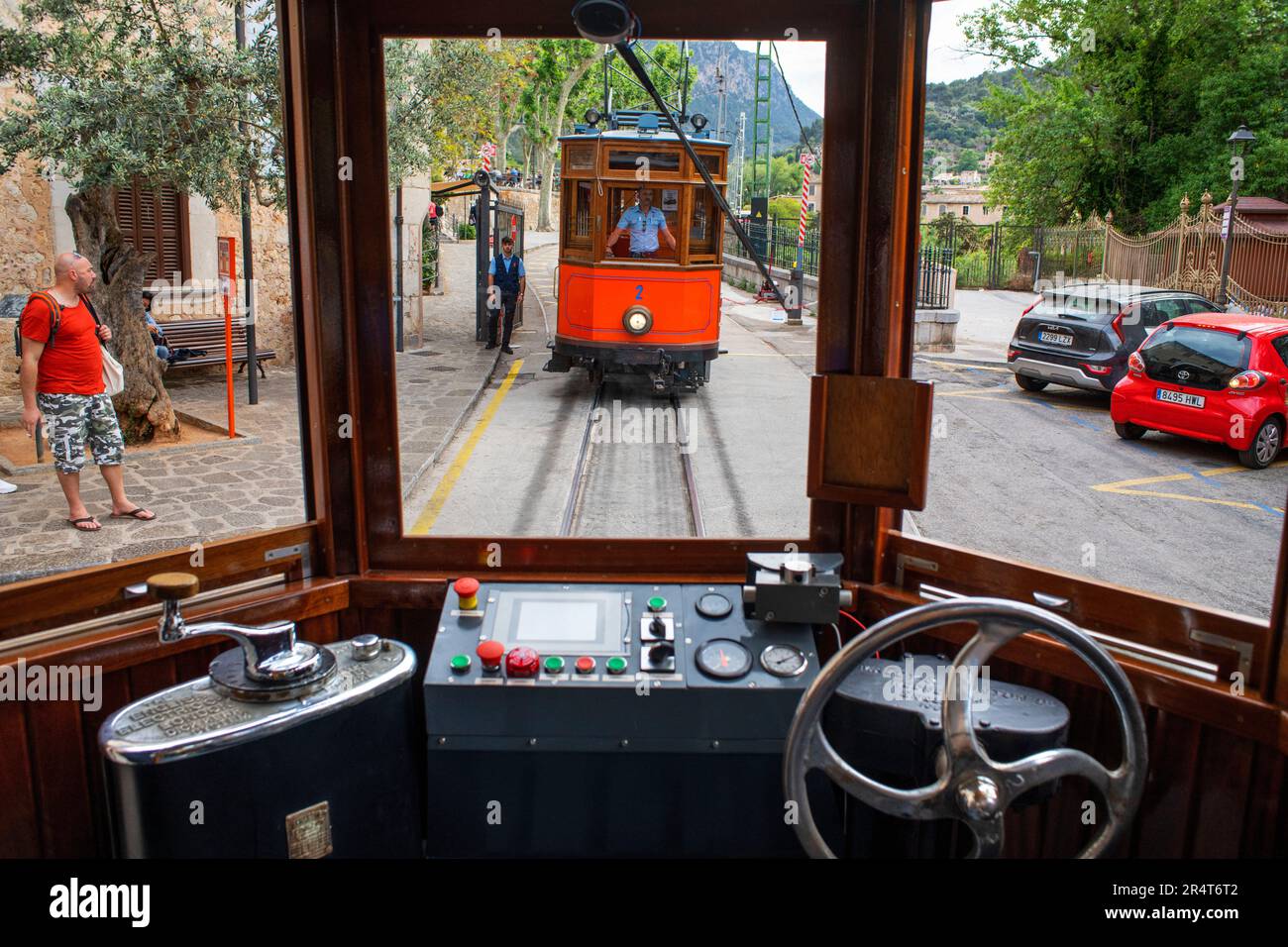 Vintage tram at the railway station in Soller village. The tram ...