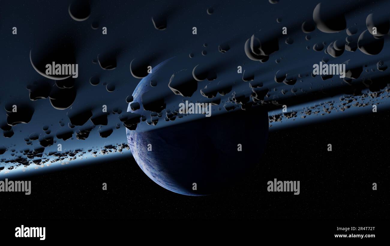 Planet Pandora surrounded asteroid belt, rings wreckage of destroyed planet. Blue protoplanet in ...