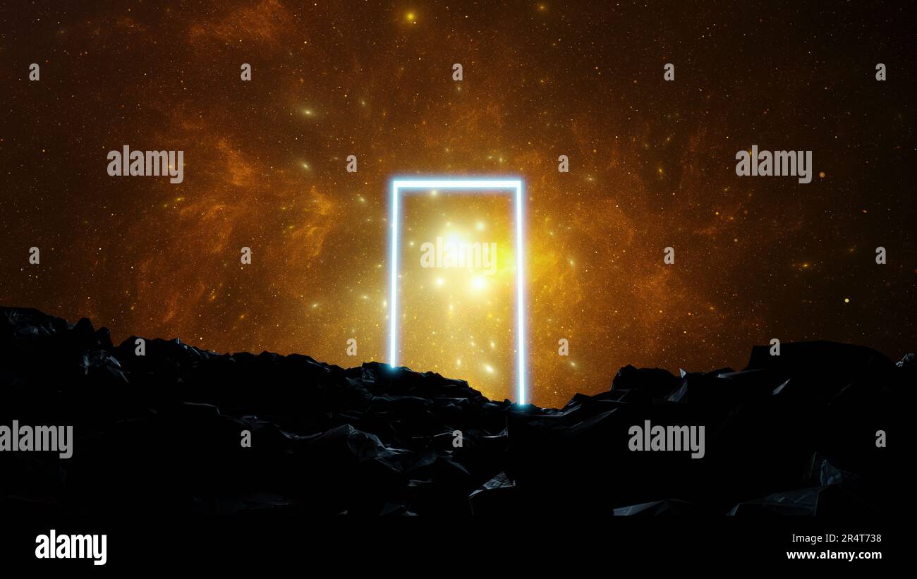 Glowing doorway portal in space on a stone planet. A door to other ...