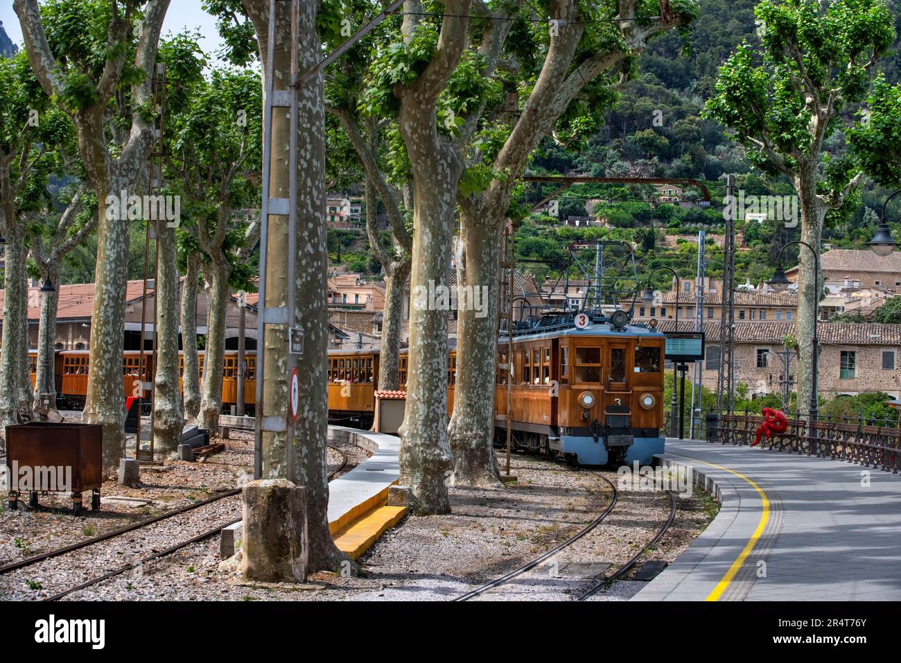 Soller train station in Soller village. Tren de Soller train vintage ...