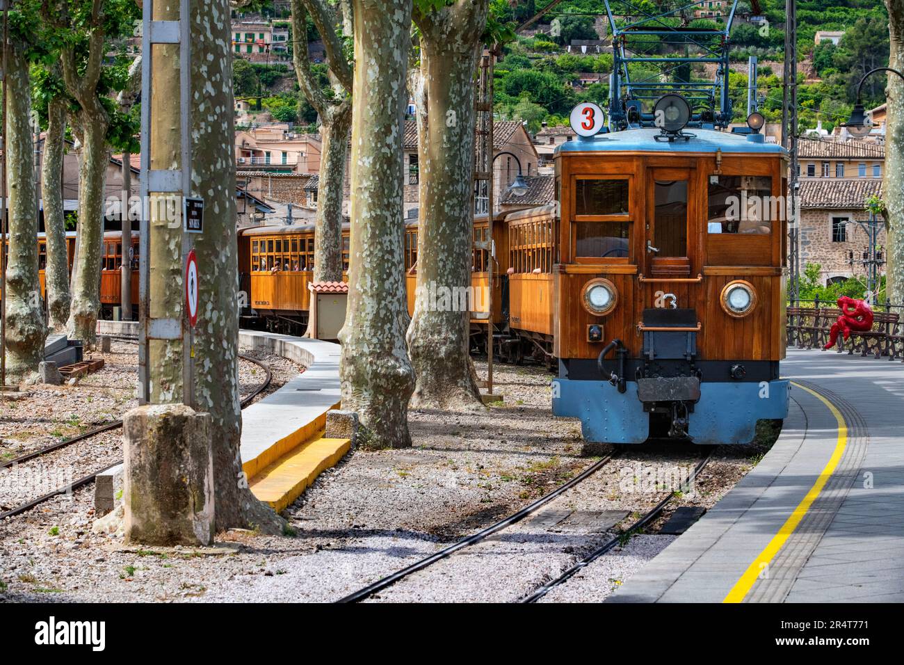 Soller train station in Soller village. Tren de Soller train vintage ...