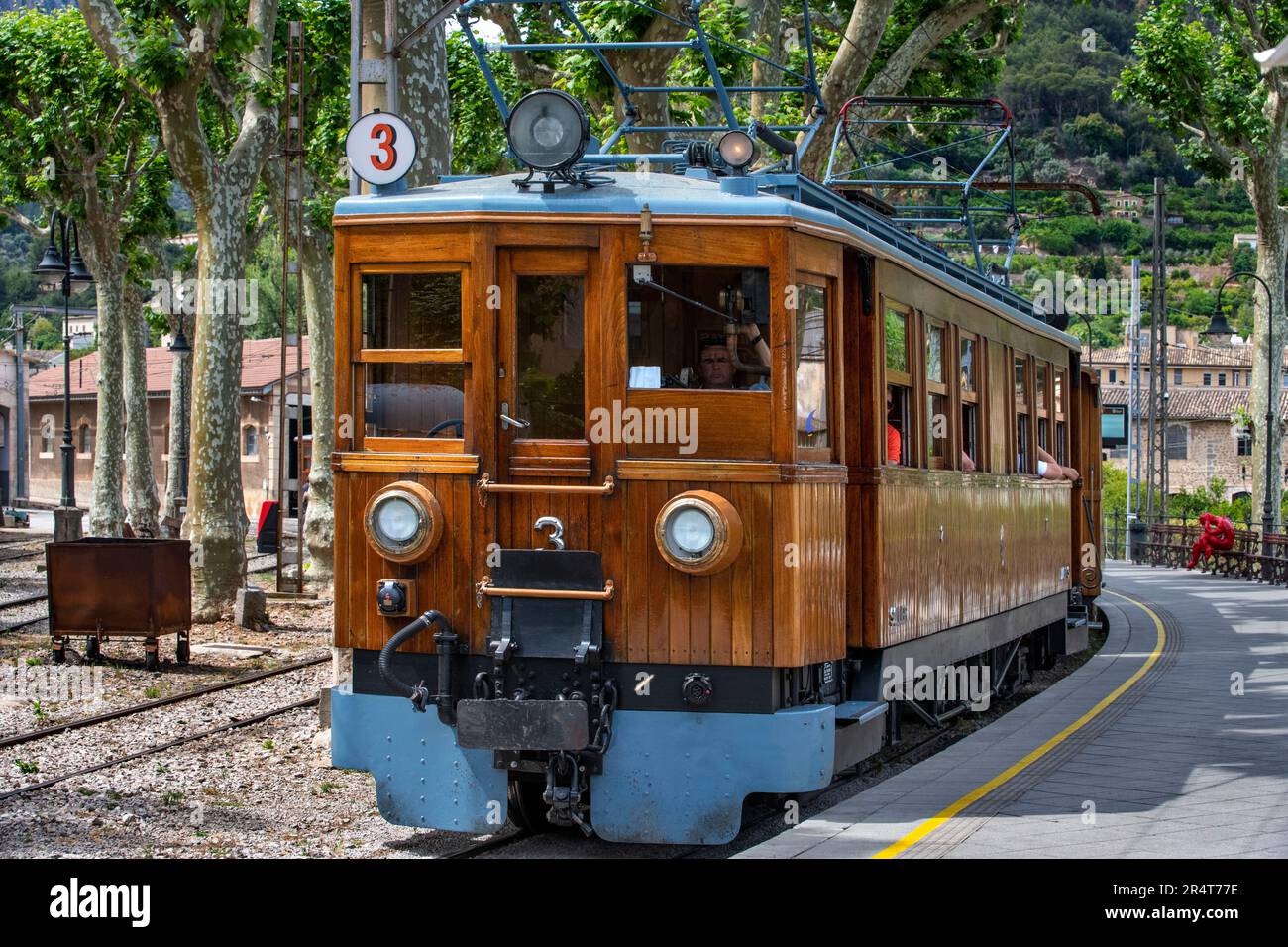 Soller train station in Soller village. Tren de Soller train vintage ...
