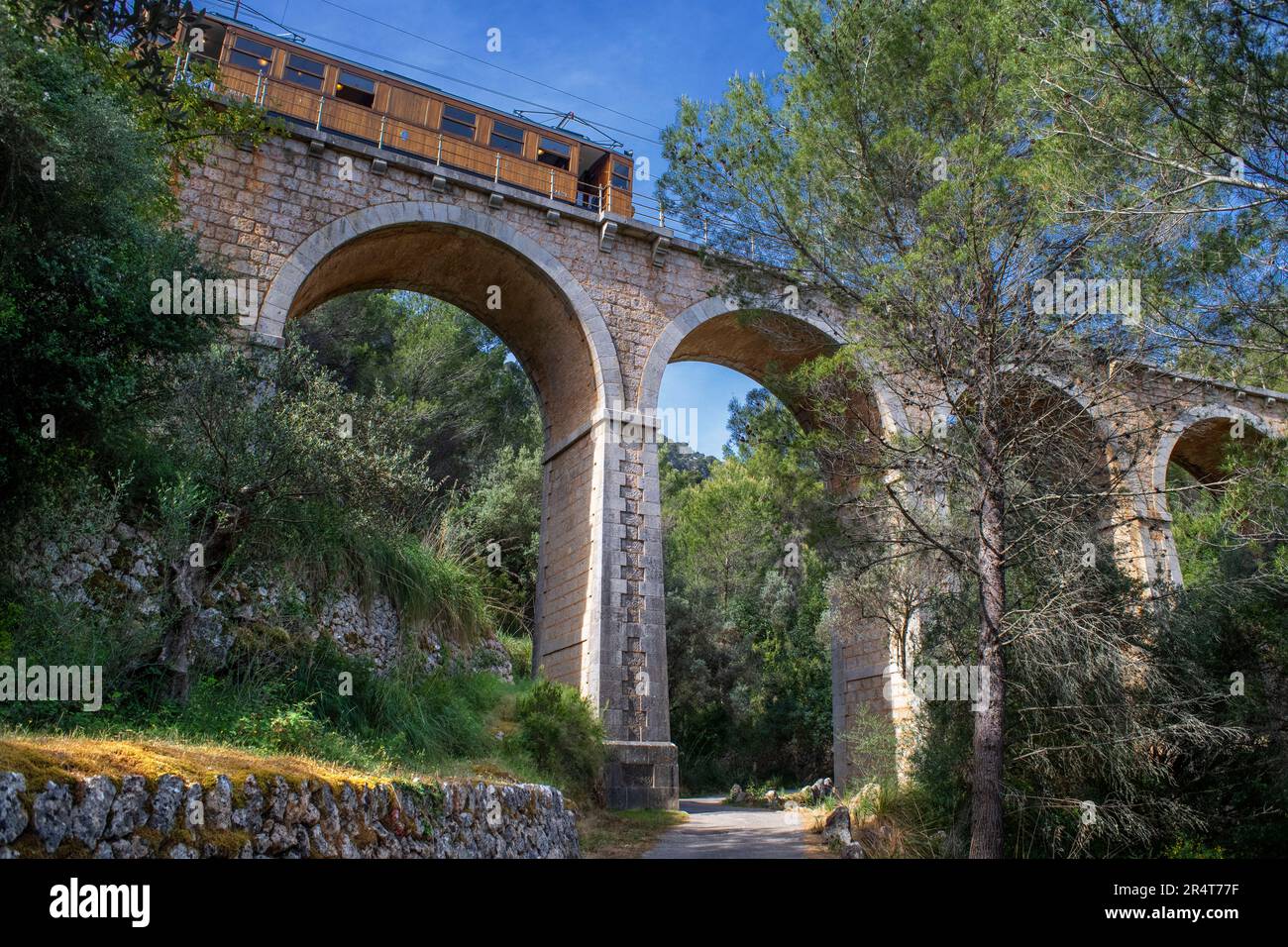 Aerial view tren de Soller train vintage historic train crossing the ...