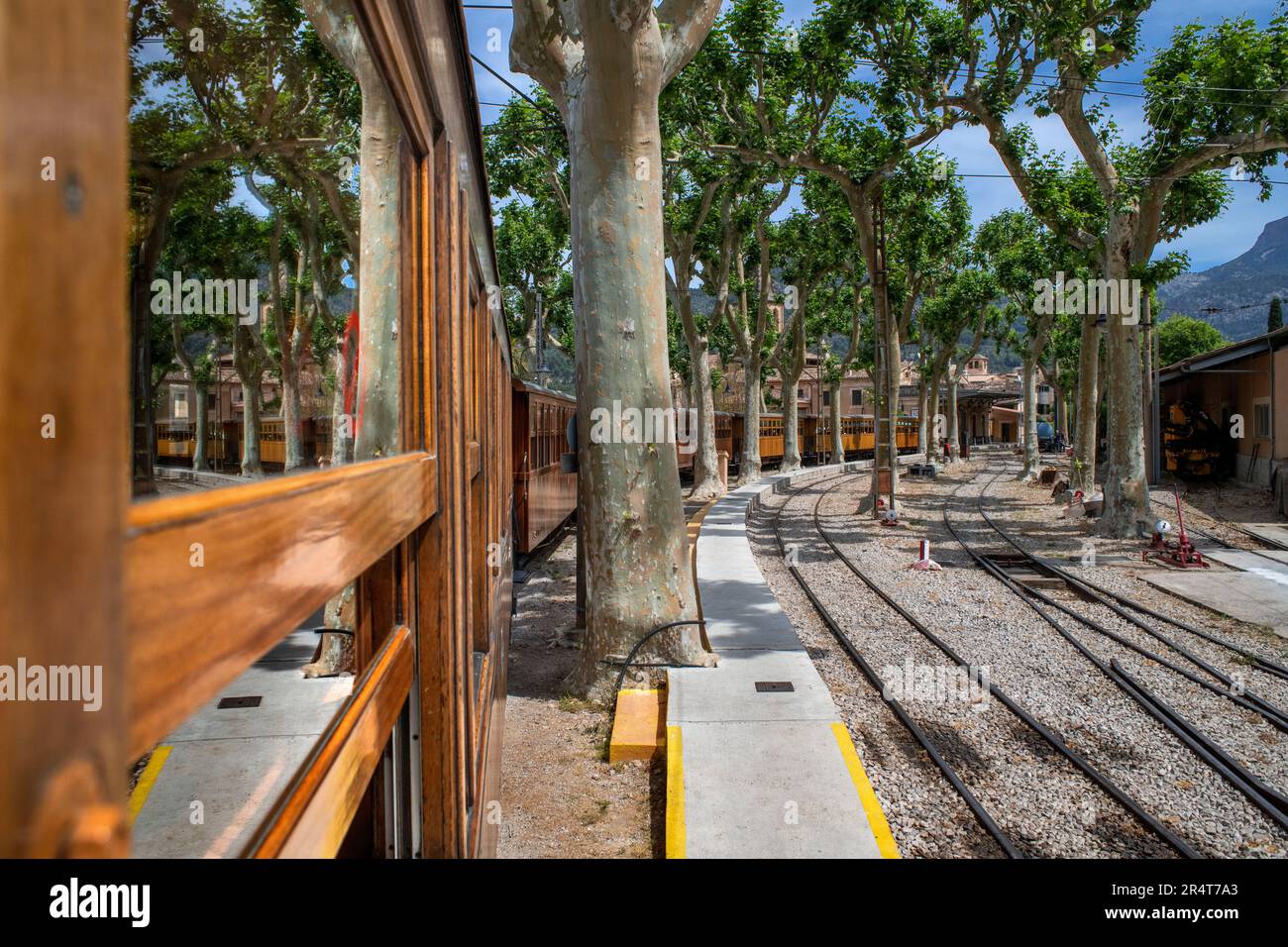 Soller train station in Soller village. Tren de Soller train vintage ...