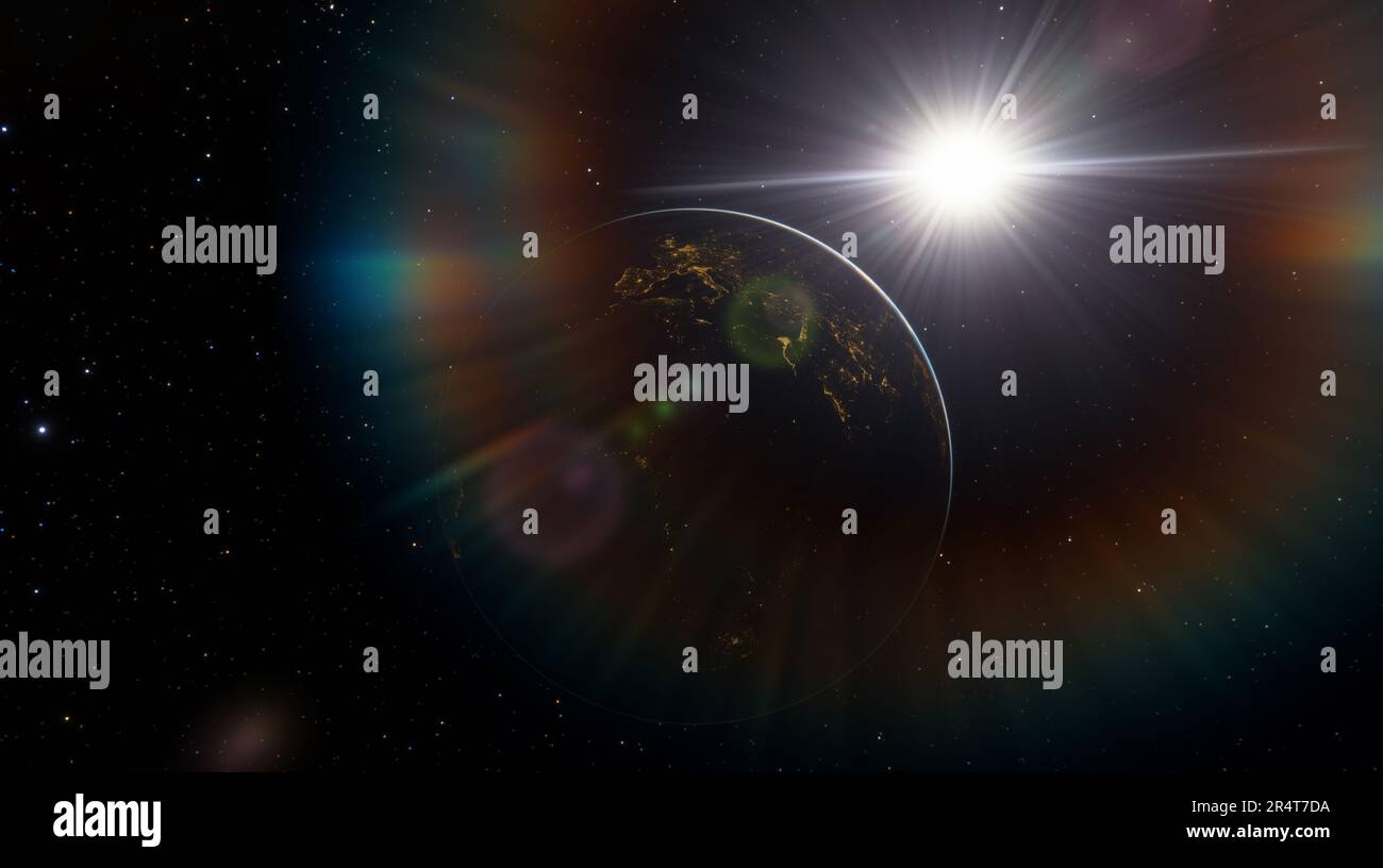 Planet Earth dawn sunset from space. Silhouette planet earth in rays of ...