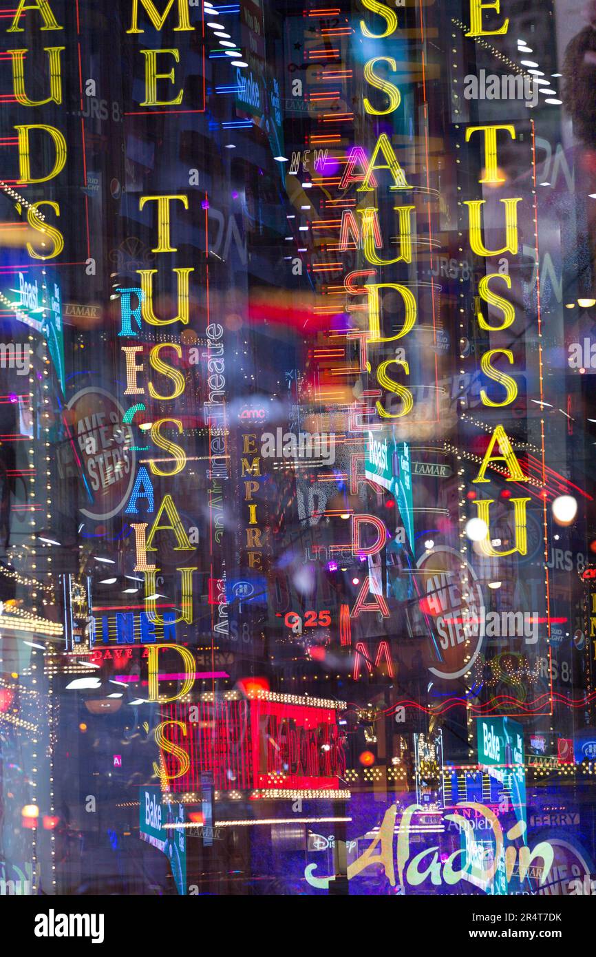 US, New York, Neon lights reflected and multiple exposure montage Times ...