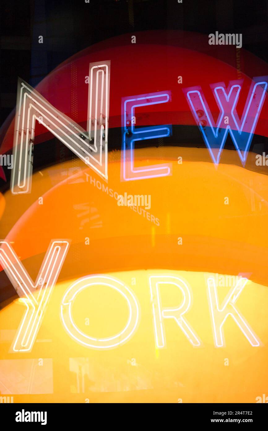 US, New York, ‘New York’; Neon lights reflected and multiple exposure ...