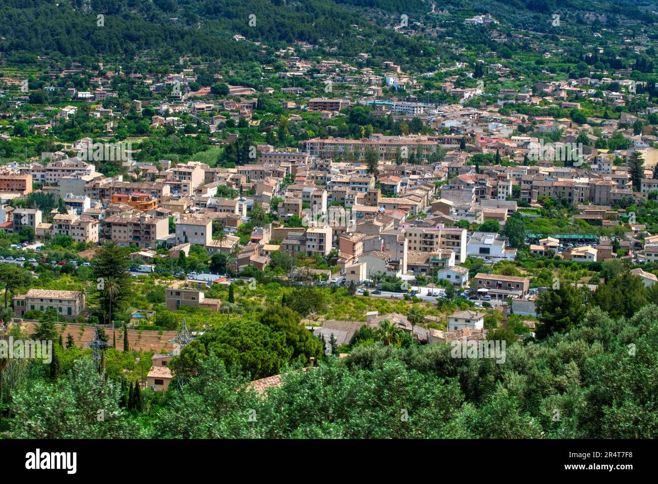 Soller village. Landscape from the window of tren de Soller train ...