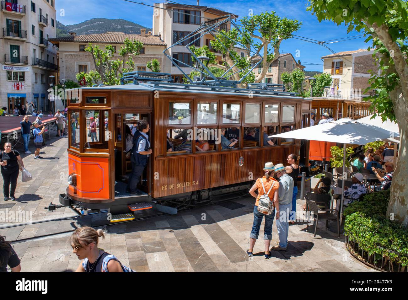 Soller village center. Vintage tram at the Soller village. The tram ...