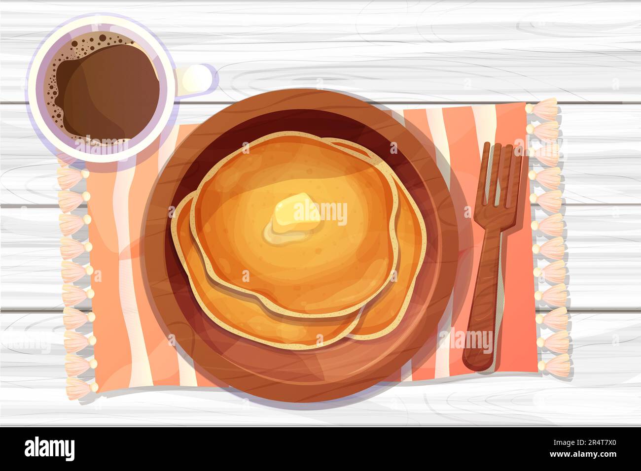 Pancakes stack with butter top view in wooden plate, coffee and fork in ...