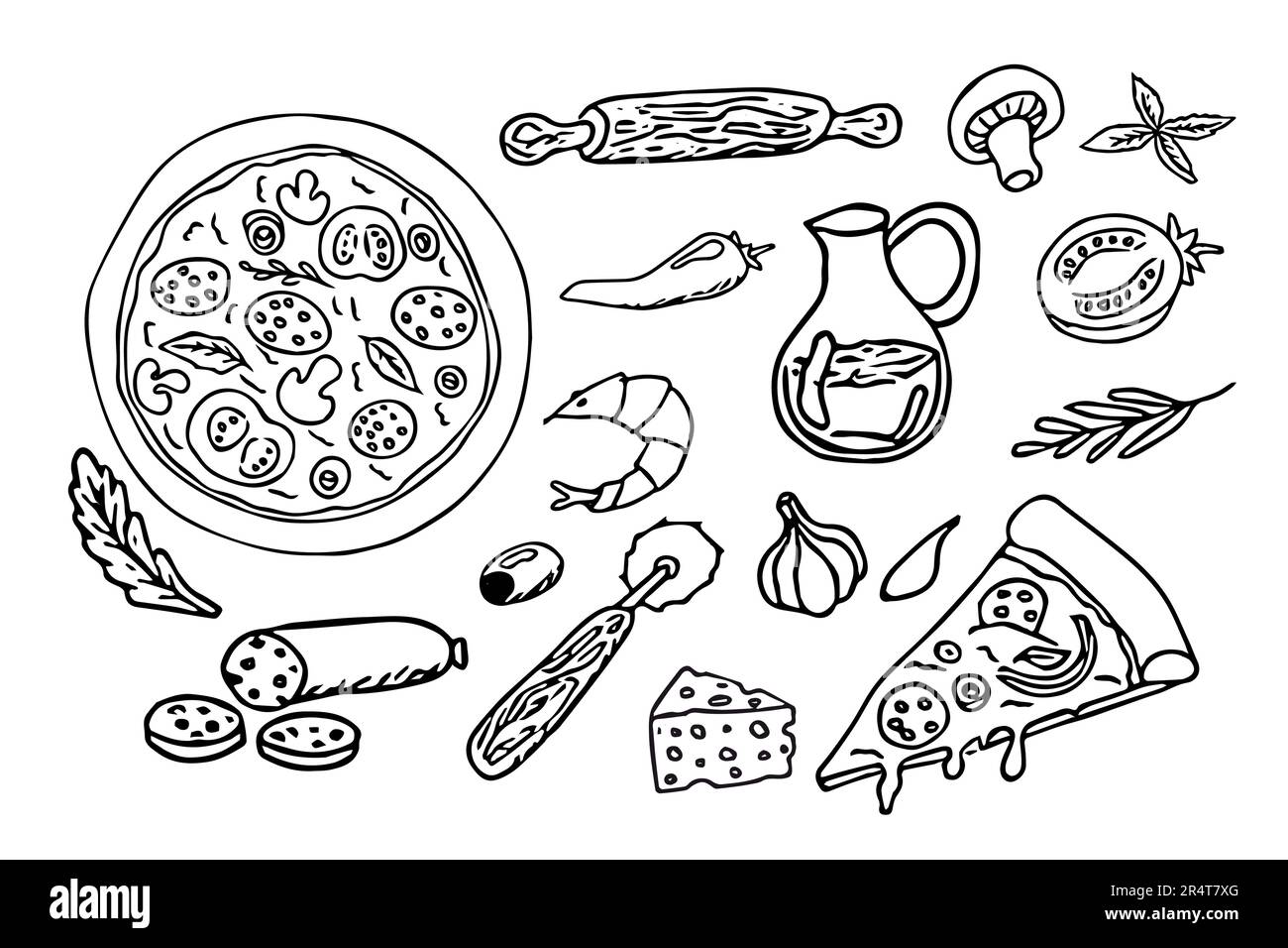 pizza set, round pizza with ingredients doodle hand drawn in cartoon ...