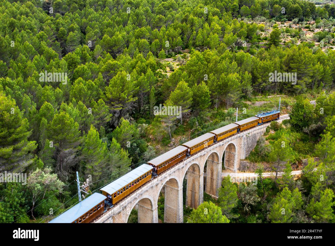 Aerial view tren de Soller train vintage historic train crossing the ...
