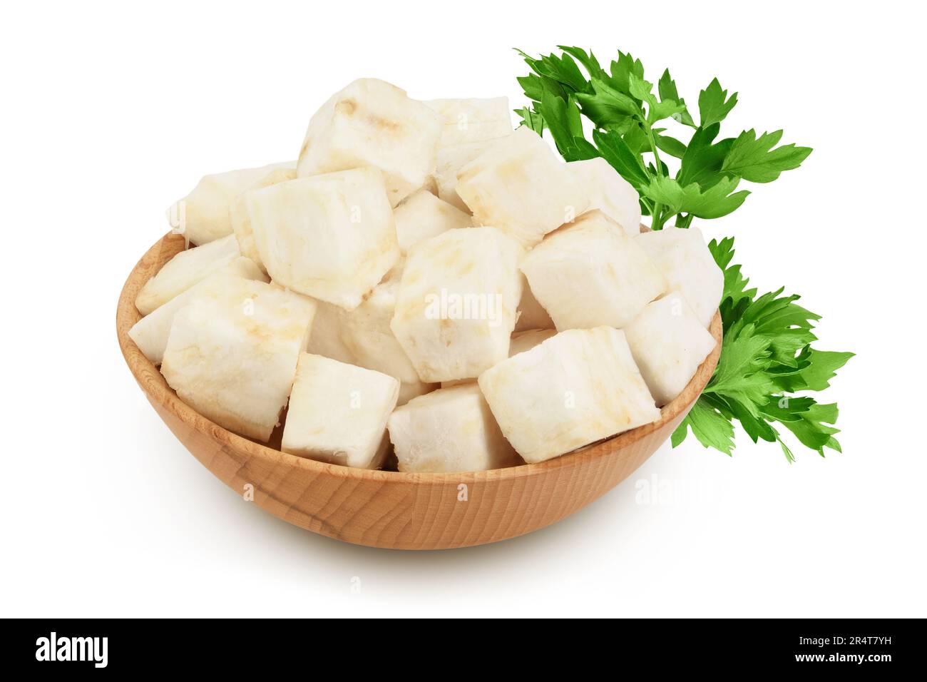 diced celery root in wooden bowl isolated on white background Stock ...