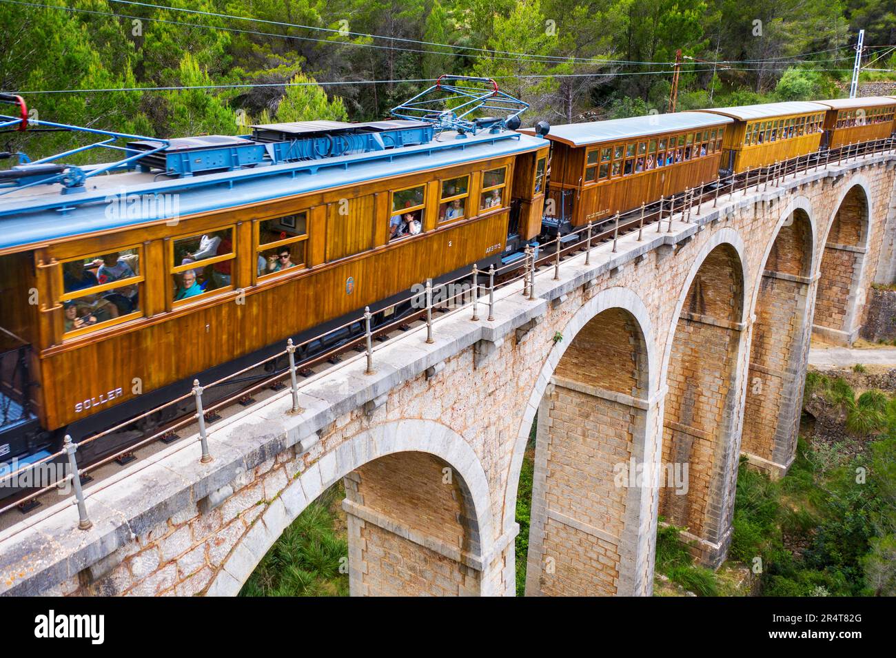 Aerial view tren de Soller train vintage historic train crossing the ...