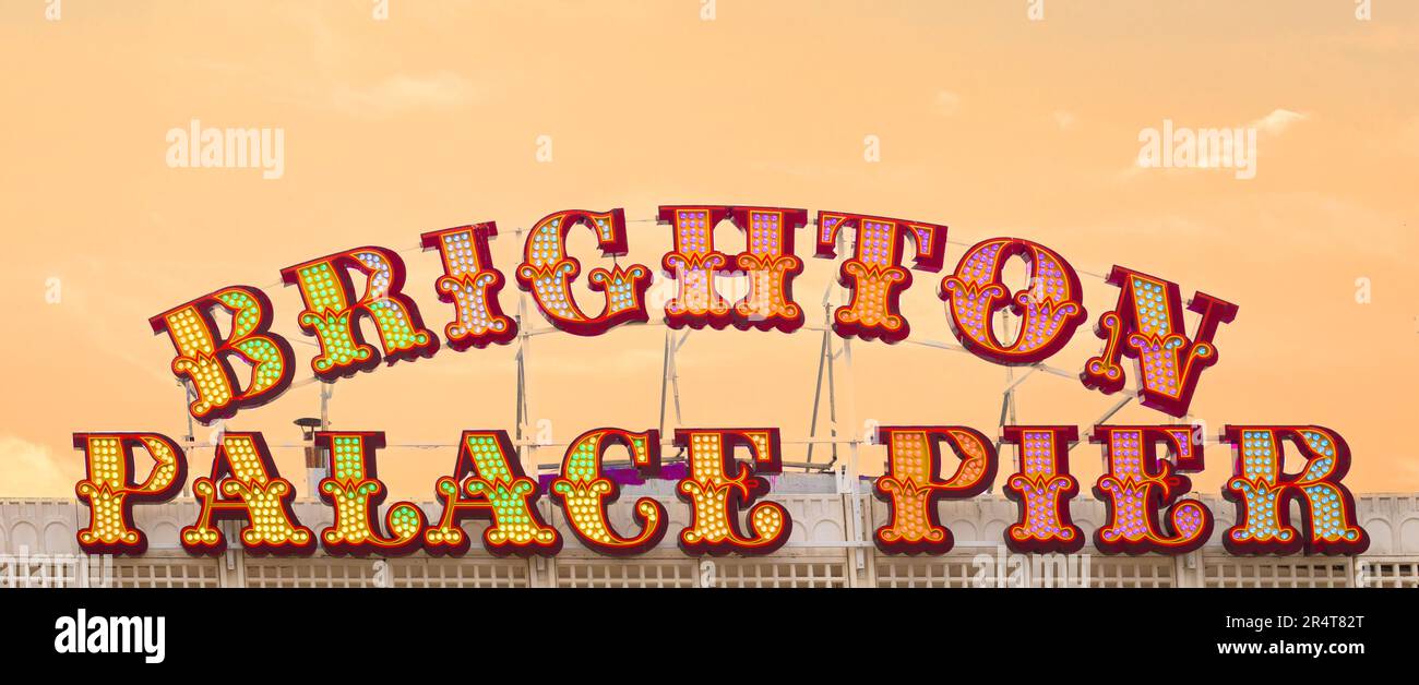 Brighton, UK - May 19 2019: Brighton Palace Pier sign in colourful ...
