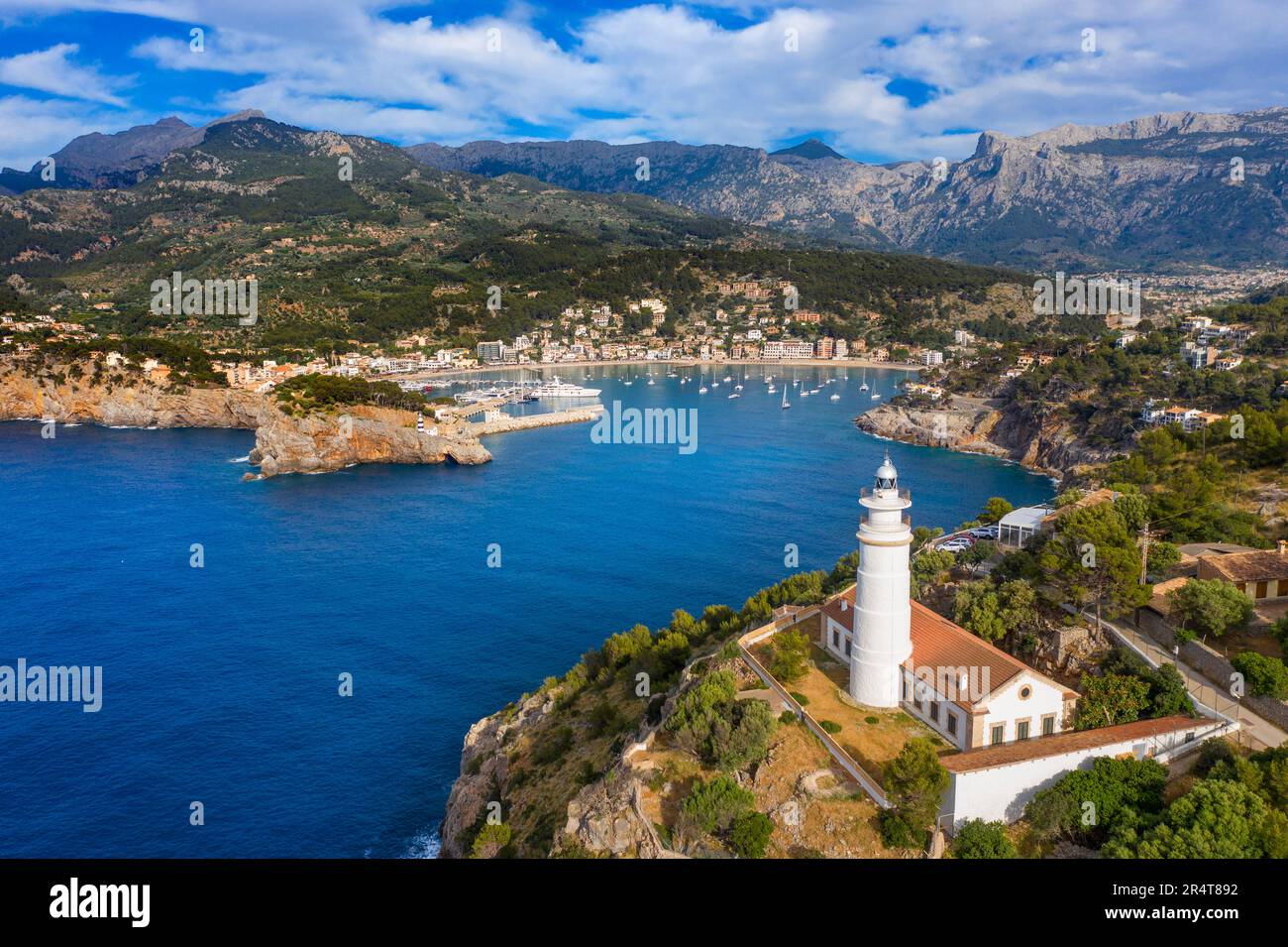 Aerial view of Faro del Cap Gros Lighthouse, Port de Soller, Mallorca ...