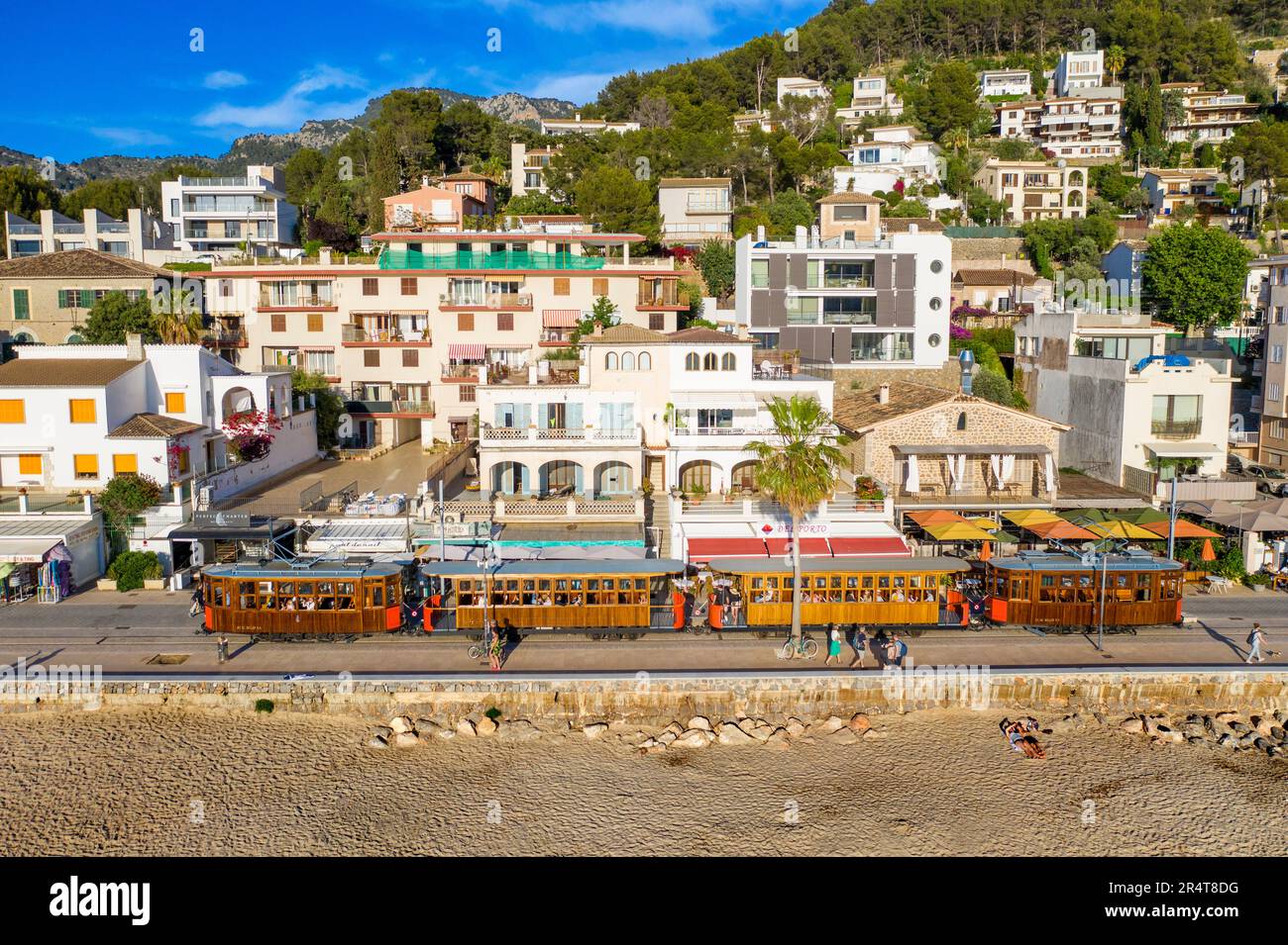 Aerial view of the vintage tram at the Port de Soller village. The tram ...
