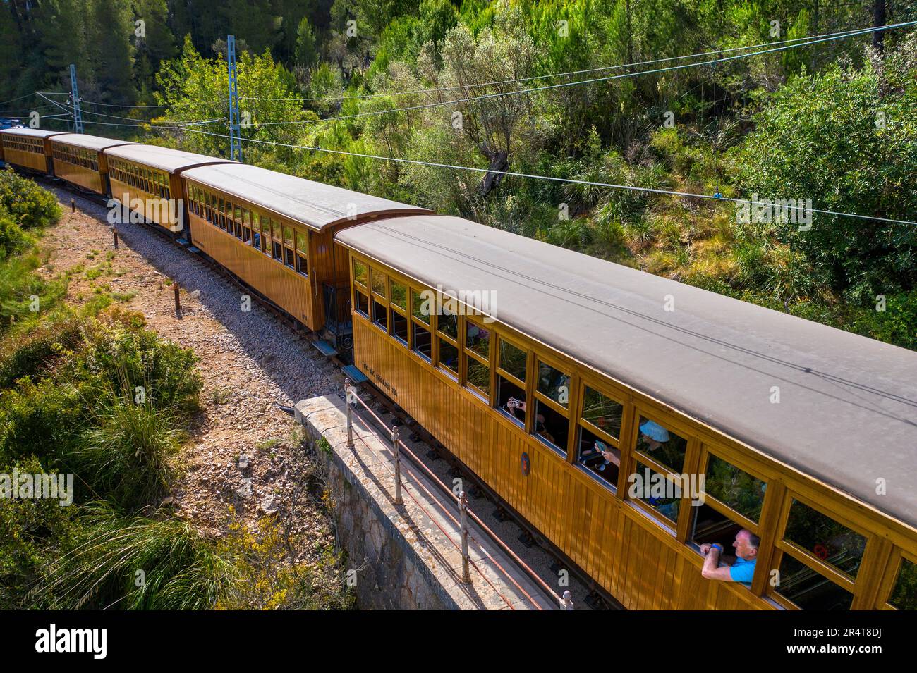 Aerial view tren de Soller train vintage historic train crossing the ...