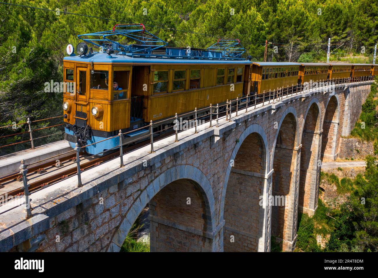 Aerial view tren de Soller train vintage historic train crossing the ...