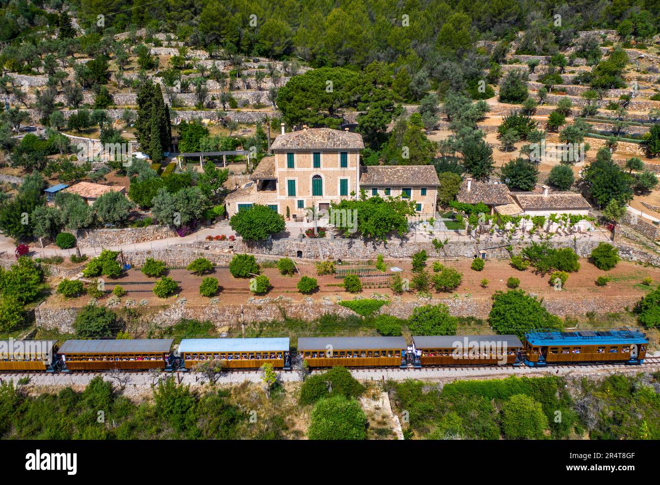 Aerial view near Soller village. Landscape of tren de Soller train ...
