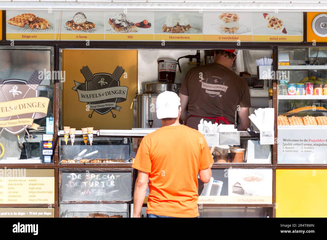 US, New York, Fast food takeaway stall in the financial district ...