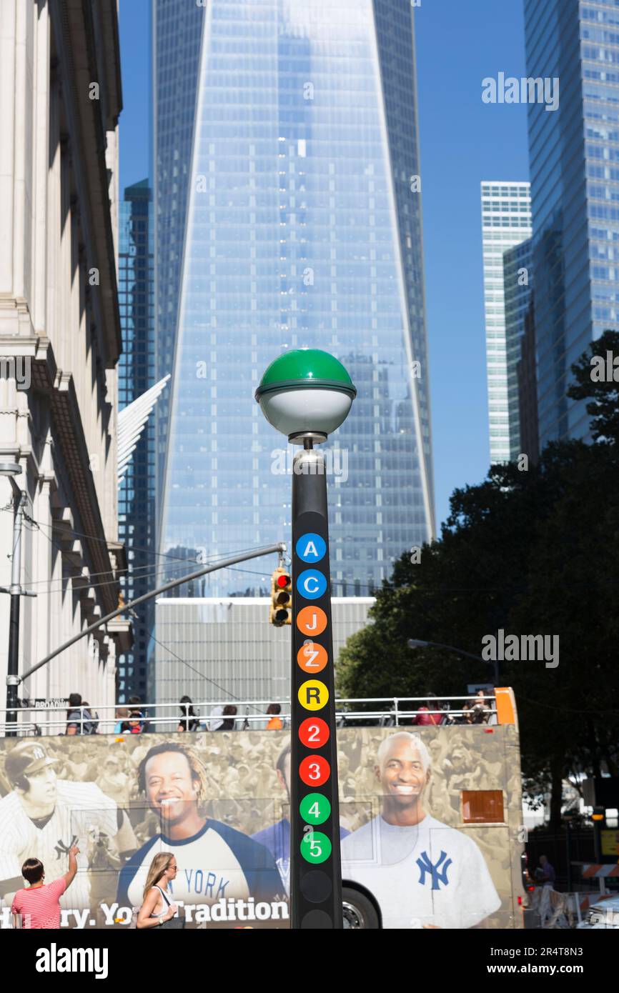 US, New York, Underground signpost in the financial district with ...