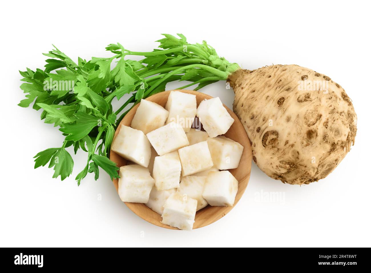 Fresh celery root with leaf isolated on white background. Top view ...