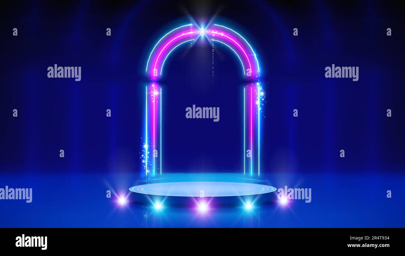 Neon frame, led arch, podium, stage. Background, backdrop for displaying products. Light led ...