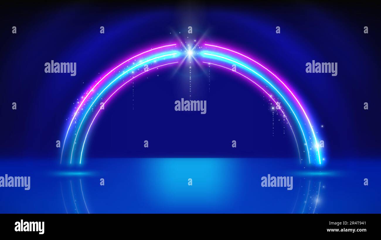 Neon frame, led arch, stage. Background, backdrop displaying products. Light led lines. Blue ...