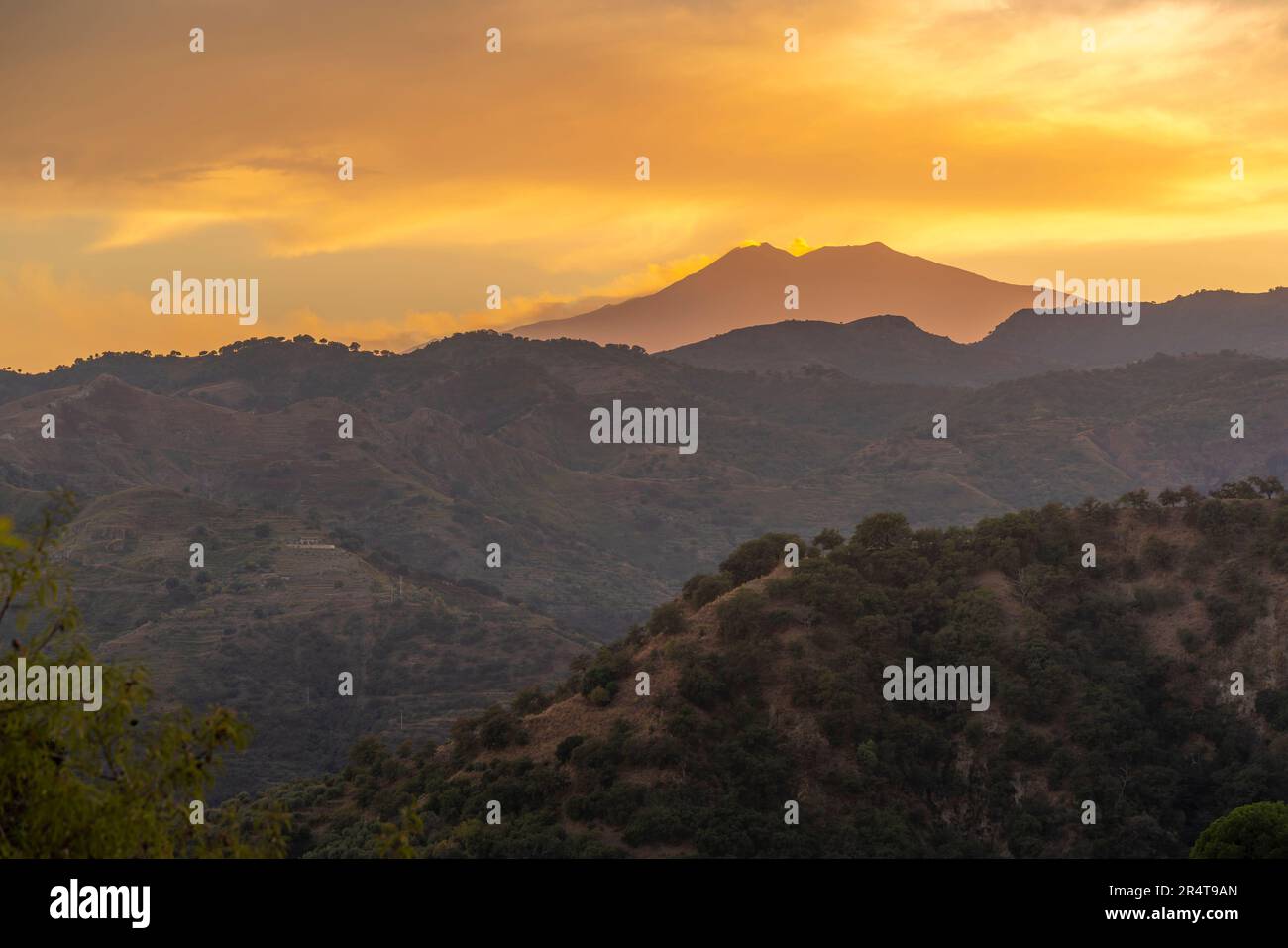 View of Mount Etna from Savoca at sunset, Savoca, Messina, Sicily ...