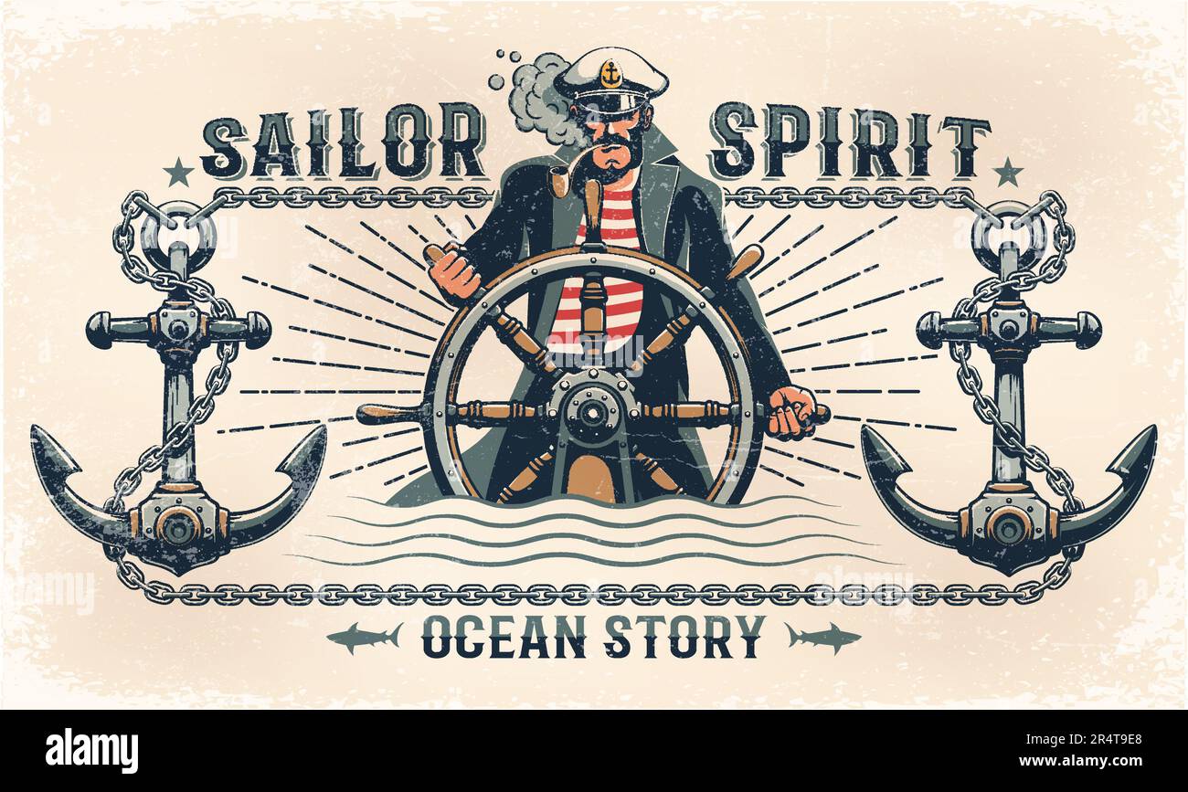 Maritime retro poster with a captain at the helm Stock Vector Image ...