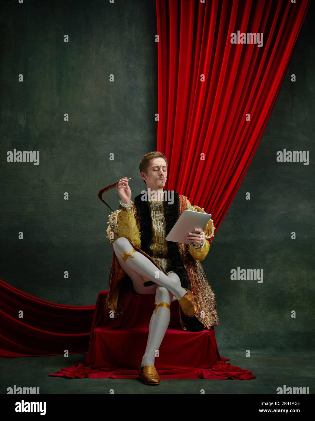 Portrait of young male royal person with thoughtful face looking in ...